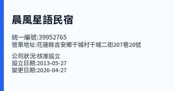晨風星語民宿的照片-統編 39952765(花蓮縣) 公司登記資料與營業項目詳細圖表
