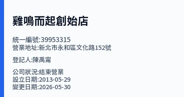 雞鳴而起創始店的照片-統編 39953315(新北市) 公司登記資料與營業項目詳細圖表