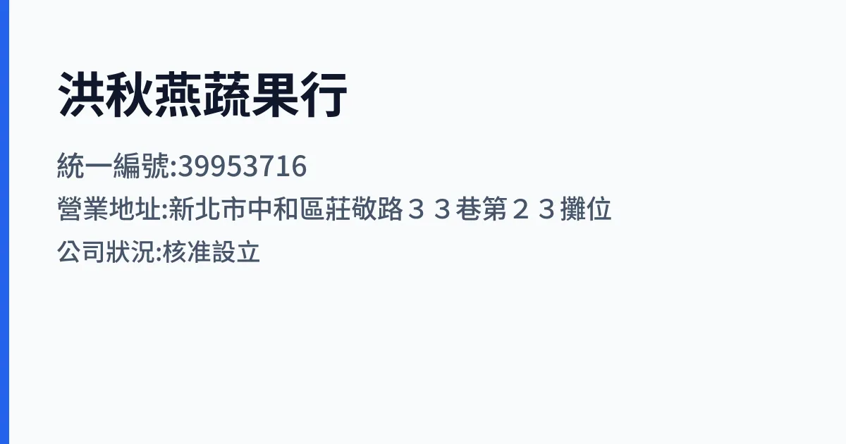 洪秋燕蔬果行 - 統編 39953716(新北市) 公司登記資料與營業項目詳細圖表
