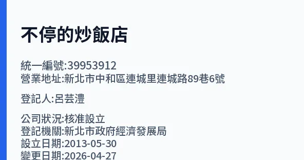 不停的炒飯店的照片-統編 39953912(新北市) 公司登記資料與營業項目詳細圖表