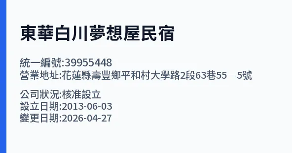 東華白川夢想屋民宿的照片-統編 39955448(花蓮縣) 公司登記資料與營業項目詳細圖表