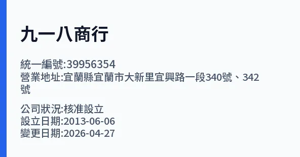 九一八商行的照片-統編 39956354(宜蘭縣) 公司登記資料與營業項目詳細圖表