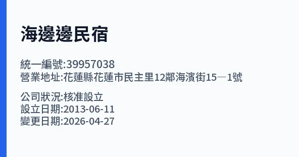 海邊邊民宿的照片-統編 39957038(花蓮縣) 公司登記資料與營業項目詳細圖表