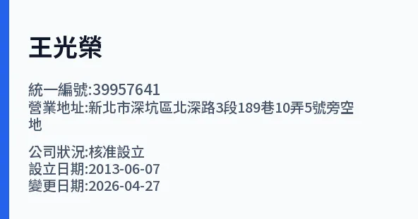 王光榮的照片-統編 39957641(新北市) 公司登記資料與營業項目詳細圖表