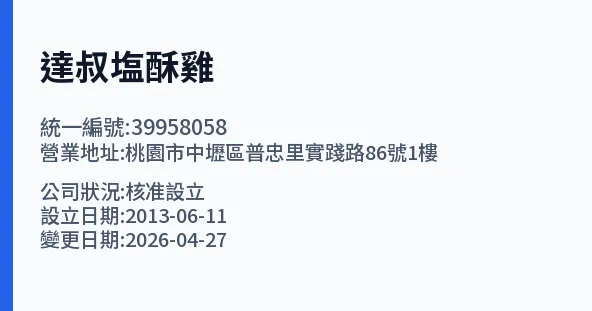 達叔塩酥雞的照片-統編 39958058(桃園市) 公司登記資料與營業項目詳細圖表