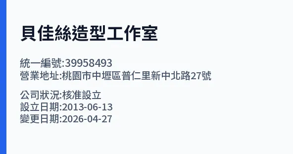 貝佳絲造型工作室的照片-統編 39958493(桃園市) 公司登記資料與營業項目詳細圖表