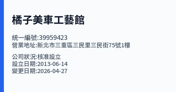 橘子美車工藝館的照片-統編 39959423(新北市) 公司登記資料與營業項目詳細圖表