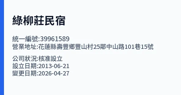綠柳莊民宿的照片-統編 39961589(花蓮縣) 公司登記資料與營業項目詳細圖表