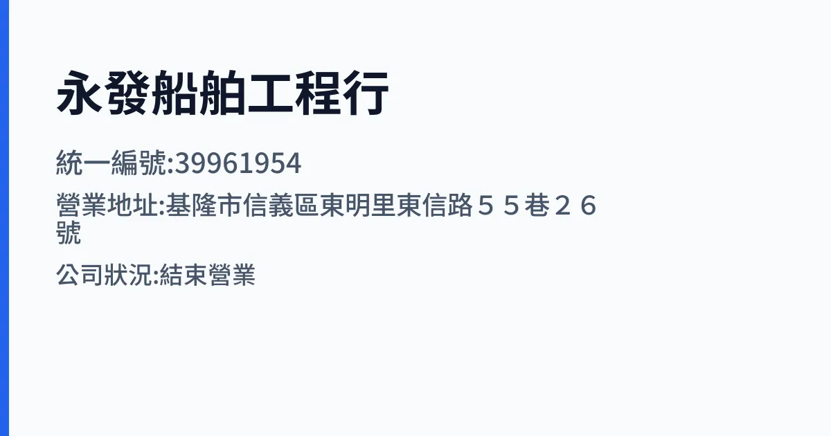 永發船舶工程行 - 統編 39961954(基隆市) 公司登記資料與營業項目詳細圖表