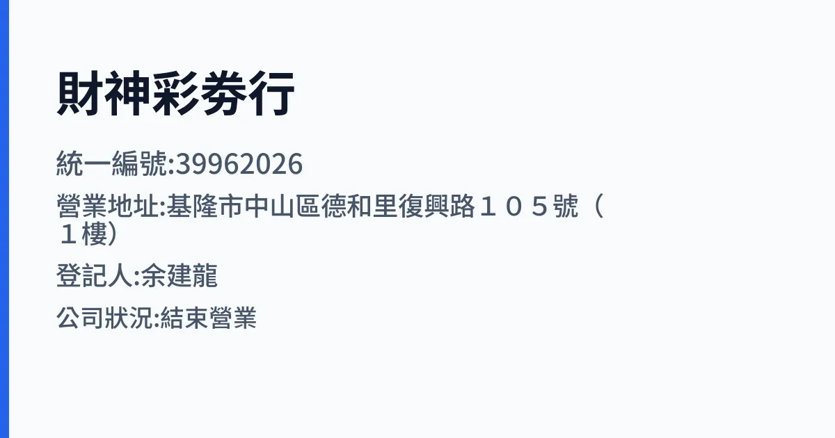財神彩劵行 - 統編 39962026(基隆市) 公司登記資料與營業項目詳細圖表