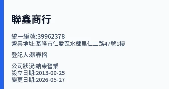 聯鑫商行的照片-統編 39962378(基隆市) 公司登記資料與營業項目詳細圖表