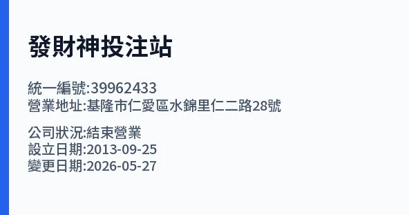發財神投注站的照片-統編 39962433(基隆市) 公司登記資料與營業項目詳細圖表