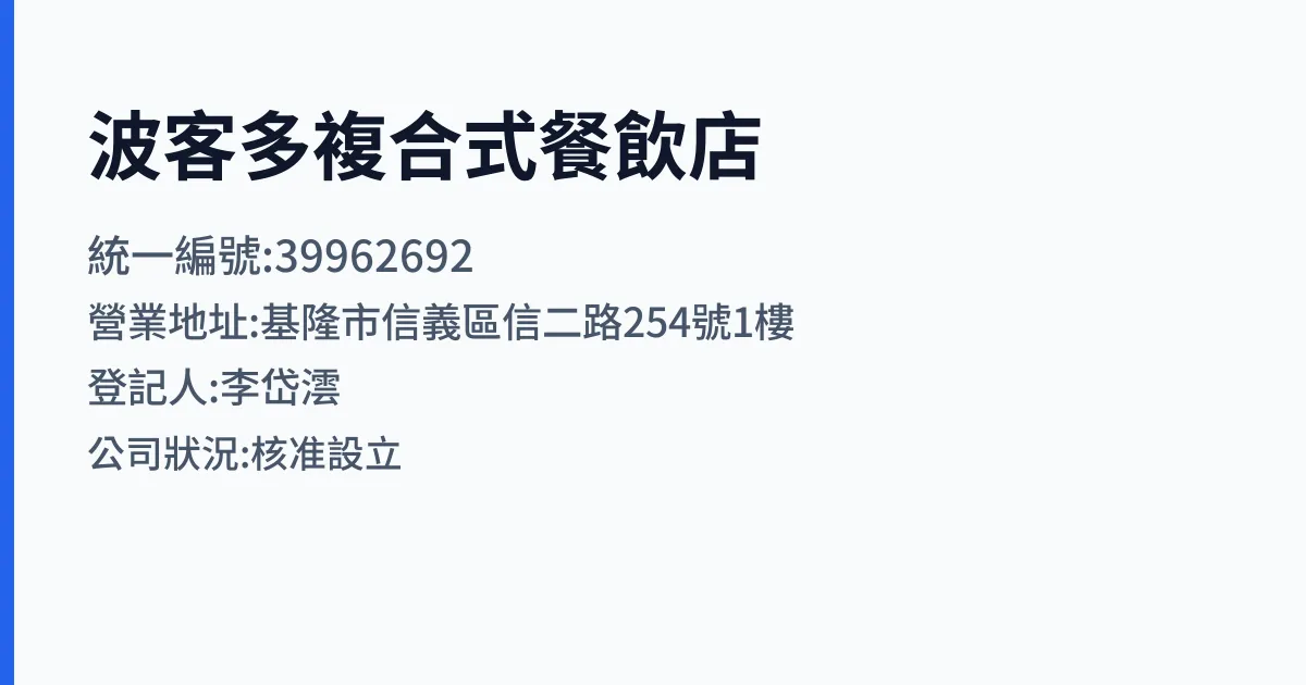 波客多複合式餐飲店 - 統編 39962692(基隆市) 公司登記資料與營業項目詳細圖表