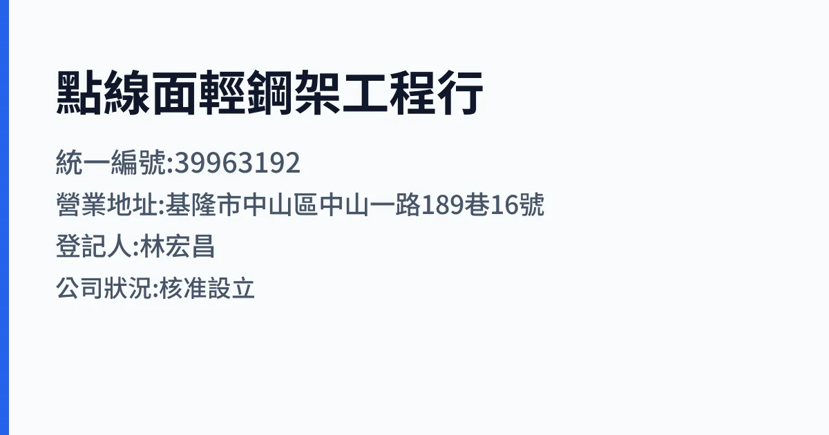 點線面輕鋼架工程行 - 統編 39963192（基隆市） 公司登記資料與營業項目詳細圖表