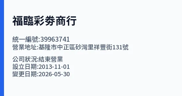 福臨彩劵商行的照片-統編 39963741(基隆市) 公司登記資料與營業項目詳細圖表