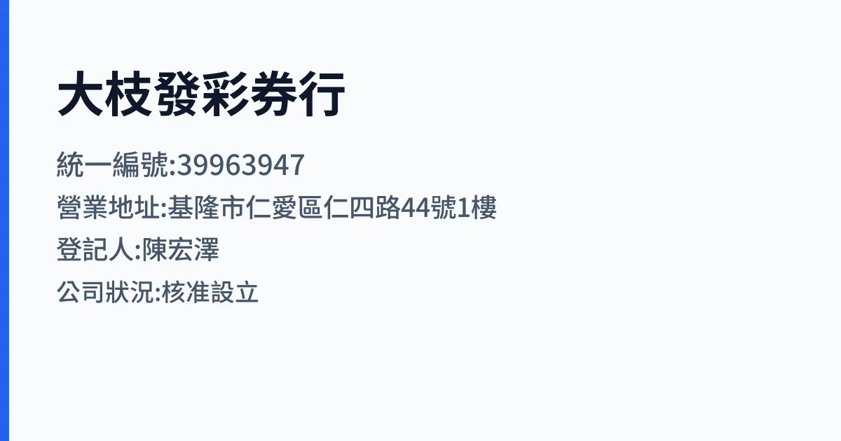 大枝發彩券行 - 統編 39963947(基隆市) 公司登記資料與營業項目詳細圖表