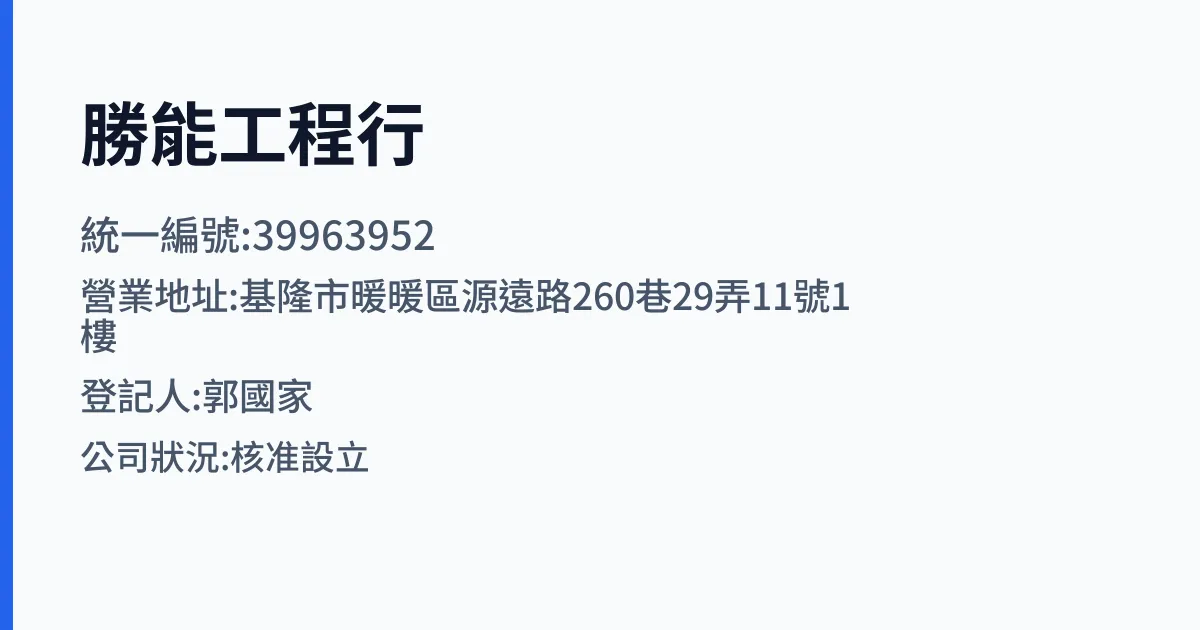 勝能工程行 - 統編 39963952(基隆市) 公司登記資料與營業項目詳細圖表