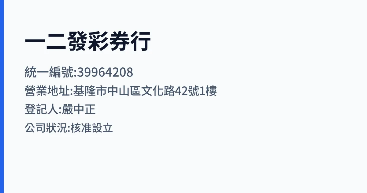 一二發彩券行 - 統編 39964208(基隆市) 公司登記資料與營業項目詳細圖表