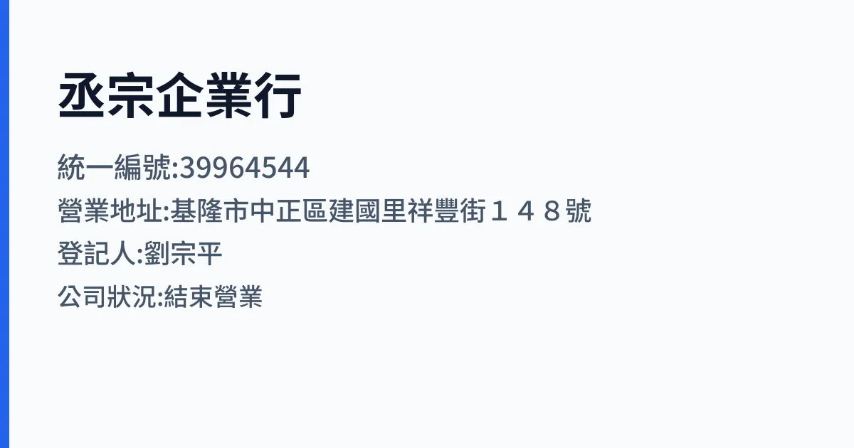丞宗企業行 - 統編 39964544(基隆市) 公司登記資料與營業項目詳細圖表