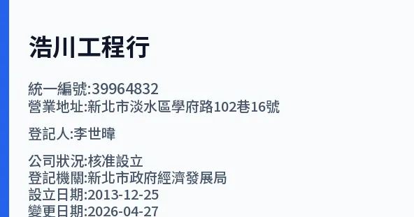 浩川工程行的照片-統編 39964832(新北市) 公司登記資料與營業項目詳細圖表