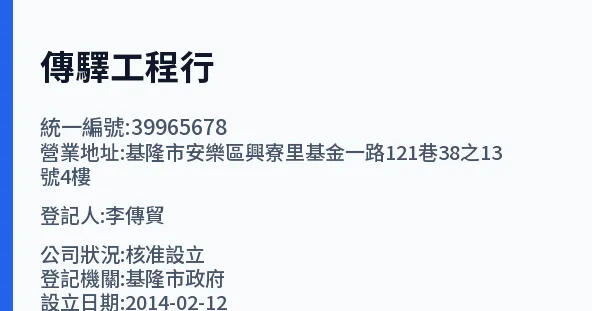 傳驛工程行的照片-統編 39965678(基隆市) 公司登記資料與營業項目詳細圖表