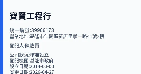 寶賢工程行的照片-統編 39966178(基隆市) 公司登記資料與營業項目詳細圖表