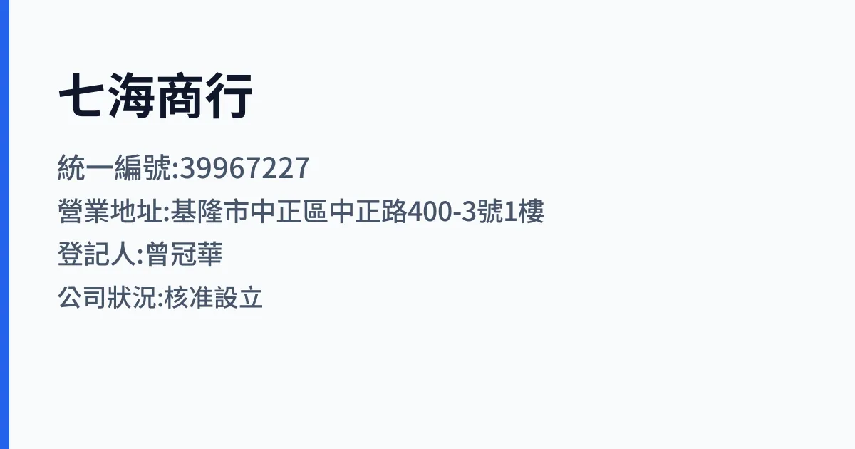 七海商行 - 統編 39967227(基隆市) 公司登記資料與營業項目詳細圖表