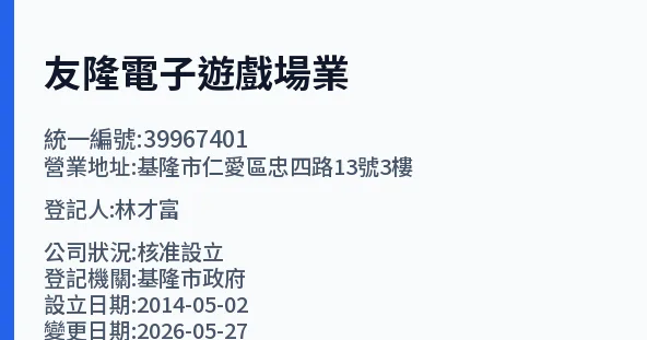 友隆電子遊戲場業的照片-統編 39967401(基隆市) 公司登記資料與營業項目詳細圖表
