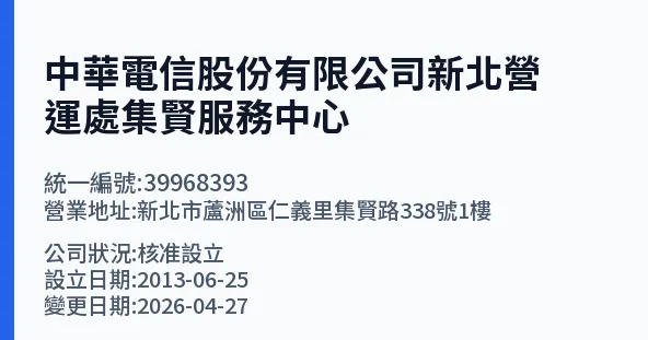 中華電信股份有限公司新北營運處集賢服務中心的照片-統編 39968393(新北市) 公司登記資料與營業項目詳細圖表