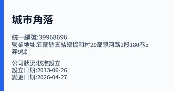 城市角落的照片-統編 39968696(宜蘭縣) 公司登記資料與營業項目詳細圖表