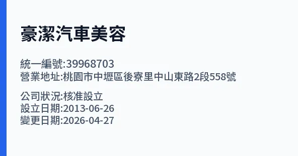 豪潔汽車美容的照片-統編 39968703(桃園市) 公司登記資料與營業項目詳細圖表