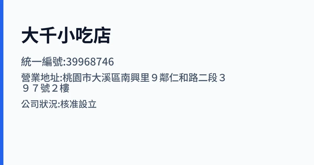 大千小吃店 - 統編 39968746(桃園市) 公司登記資料與營業項目詳細圖表