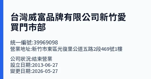 台灣威富品牌有限公司新竹愛買門市部的照片-統編 39969098(新竹市) 公司登記資料與營業項目詳細圖表