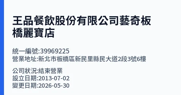 王品餐飲股份有限公司藝奇板橋麗寶店的照片-統編 39969225(新北市) 公司登記資料與營業項目詳細圖表