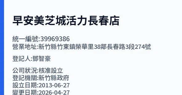 早安美芝城活力長春店的照片-統編 39969386(新竹縣) 公司登記資料與營業項目詳細圖表