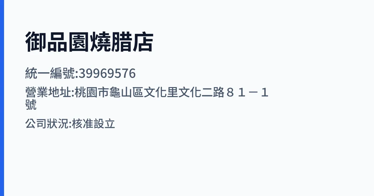 御品園燒腊店 - 統編 39969576(桃園市) 公司登記資料與營業項目詳細圖表