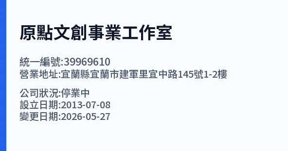 原點文創事業工作室的照片-統編 39969610(宜蘭縣) 公司登記資料與營業項目詳細圖表