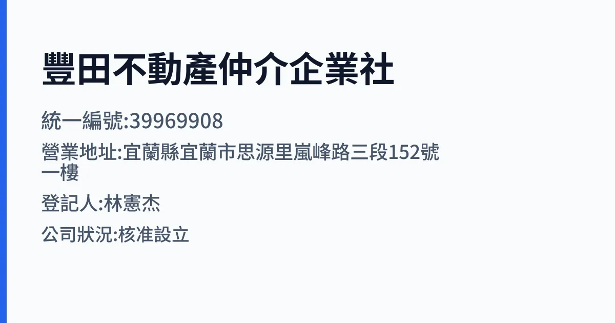 豐田不動產仲介企業社 - 統編 39969908(宜蘭縣) 公司登記資料與營業項目詳細圖表