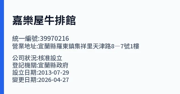 嘉樂屋牛排館的照片-統編 39970216(宜蘭縣) 公司登記資料與營業項目詳細圖表