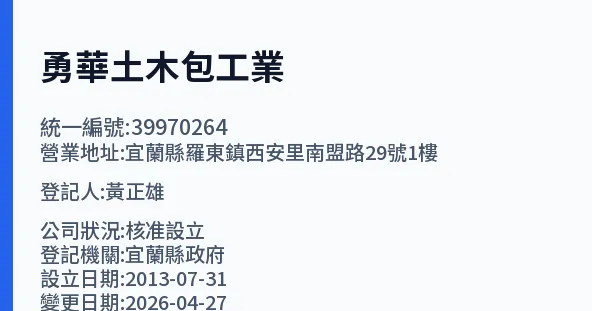 勇華土木包工業的照片-統編 39970264(宜蘭縣) 公司登記資料與營業項目詳細圖表