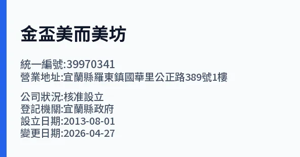 金盃美而美坊的照片-統編 39970341(宜蘭縣) 公司登記資料與營業項目詳細圖表
