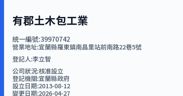 有郡土木包工業的照片-統編 39970742(宜蘭縣) 公司登記資料與營業項目詳細圖表