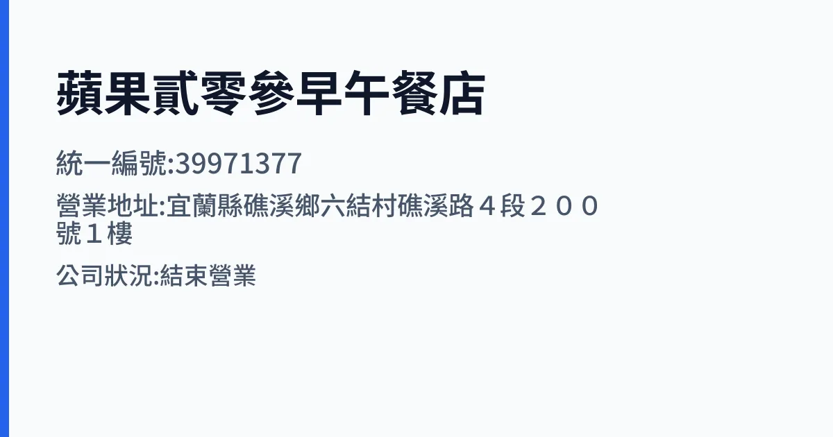 蘋果貳零參早午餐店 - 統編 39971377(宜蘭縣) 公司登記資料與營業項目詳細圖表
