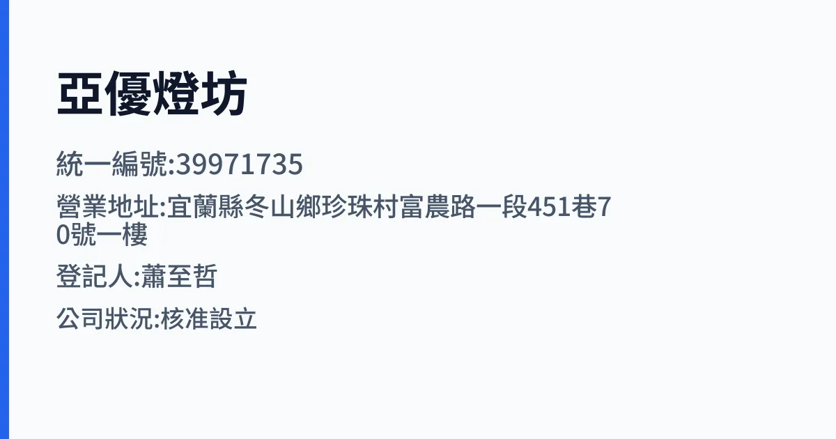 亞優燈坊 - 統編 39971735(宜蘭縣) 公司登記資料與營業項目詳細圖表