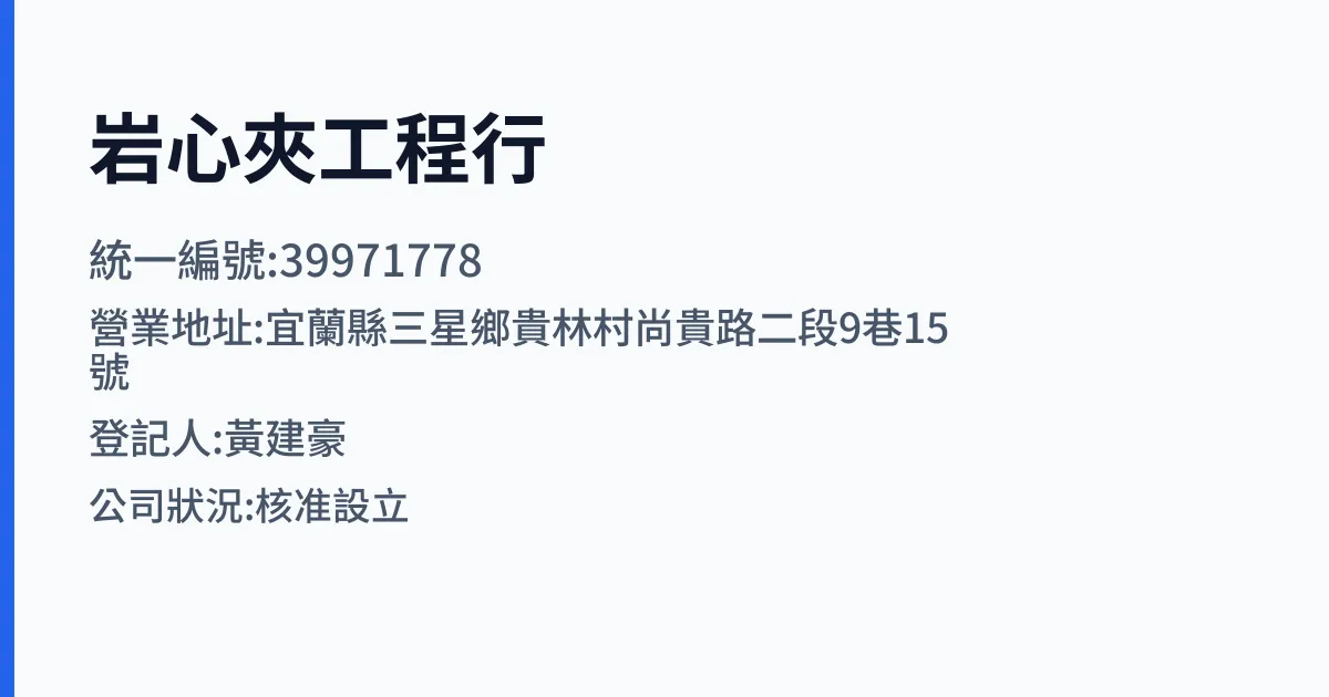 岩心夾工程行 - 統編 39971778(宜蘭縣) 公司登記資料與營業項目詳細圖表