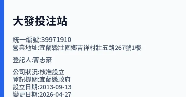 大發投注站的照片-統編 39971910(宜蘭縣) 公司登記資料與營業項目詳細圖表