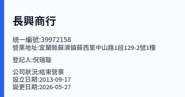 長興商行的照片-統編 39972158(宜蘭縣) 公司登記資料與營業項目詳細圖表