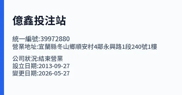 億鑫投注站的照片-統編 39972880(宜蘭縣) 公司登記資料與營業項目詳細圖表