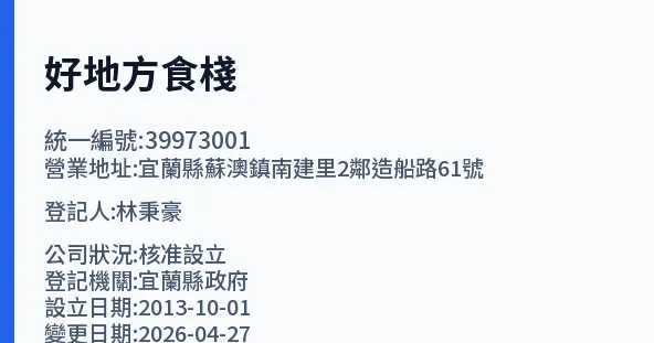好地方食棧的照片-統編 39973001(宜蘭縣) 公司登記資料與營業項目詳細圖表