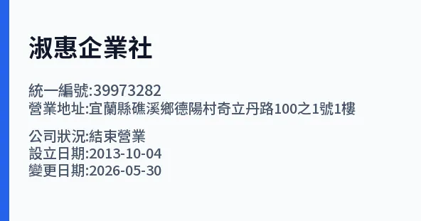 淑惠企業社的照片-統編 39973282(宜蘭縣) 公司登記資料與營業項目詳細圖表